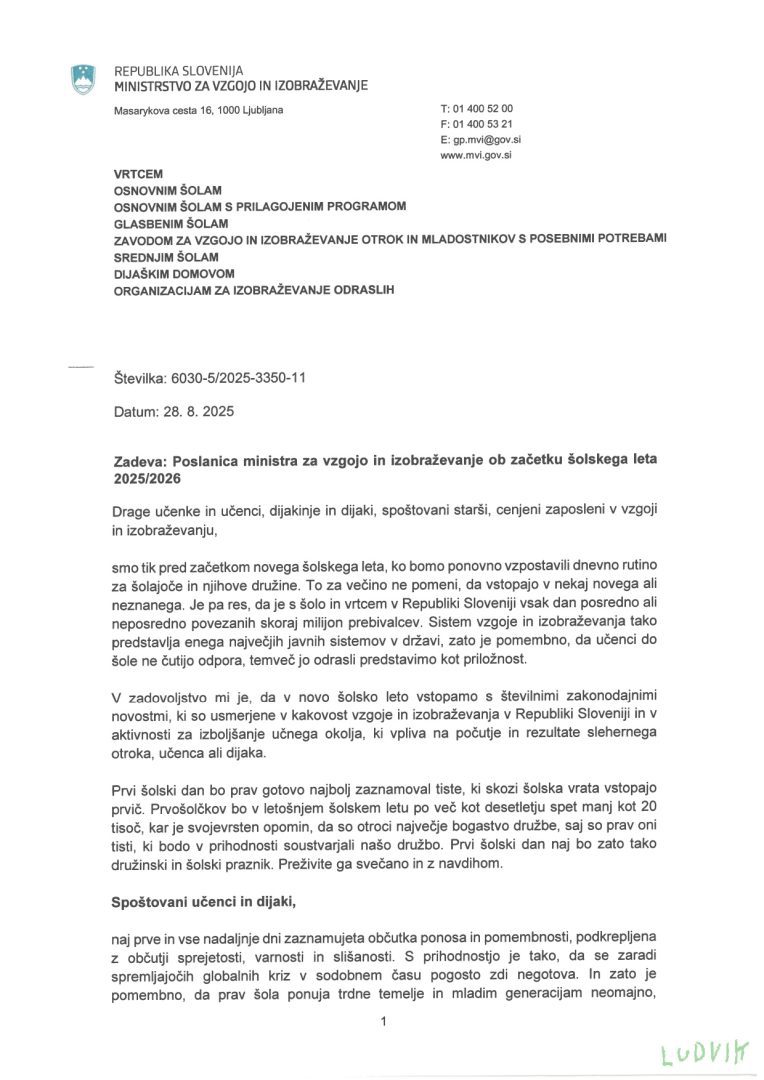 Poslanica ministra dr. Vinka Logaja ob začetku šolskega leta - Osnovna ...